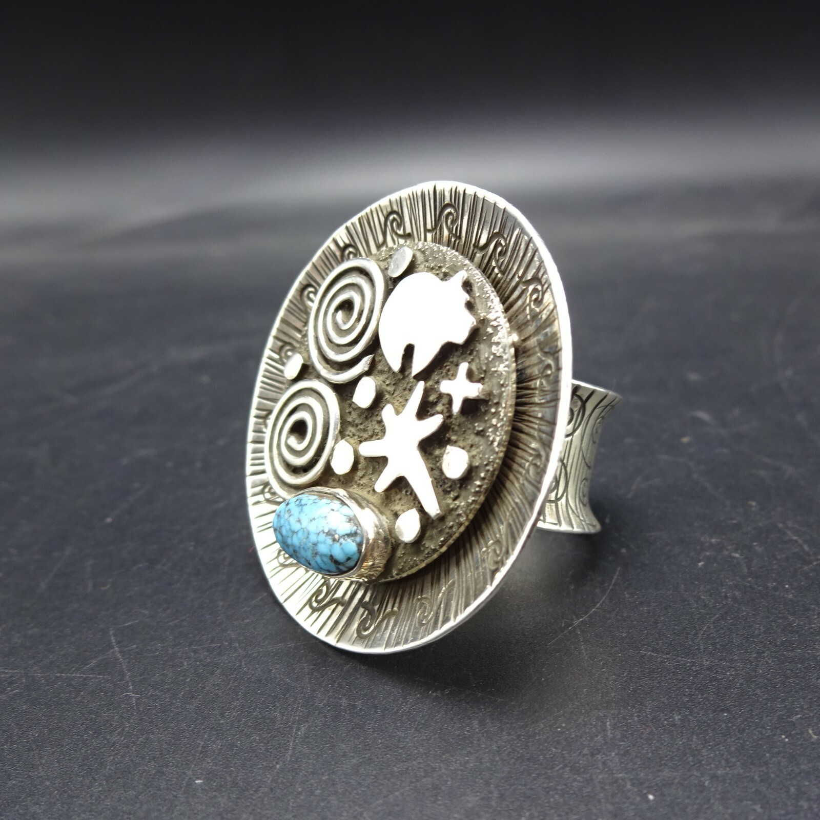 Alex Sanchez NAVAJO Sterling Silver WEBBED TURQUOISE Petroglyph RING ...