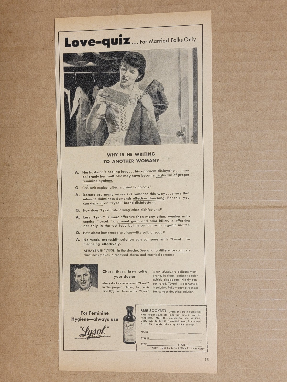 SEXIST VINTAGE 1946 Print Ad Advertisement Lysol Douche Love Quiz ...