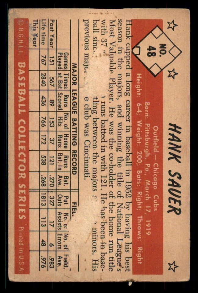 1953 Bowman Color Hank Sauer #48 Low Grade (tape) Baseball Card | eBay