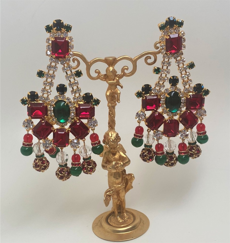 Chris Crouch’s Moans Couture Green, Red Art Glass & Rhinestone Clip On ...