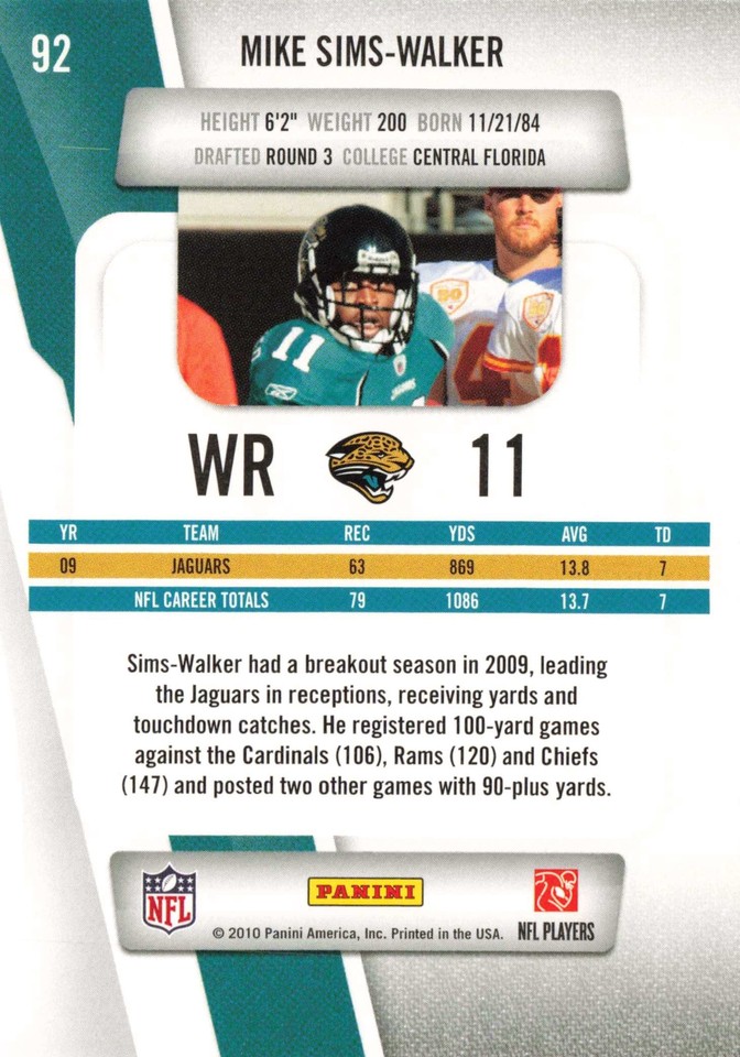 Mike Sims-Walker 2010 Panini Prestige #92 Jacksonville Jaguars Football ...