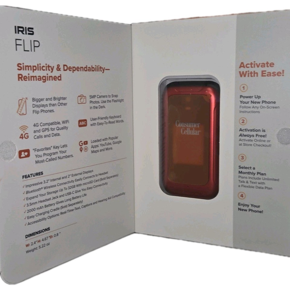 NEW Sealed Consumer Cellular IRIS Flip Phone 4G LTE 8GB 5MP SH3320 Red ...