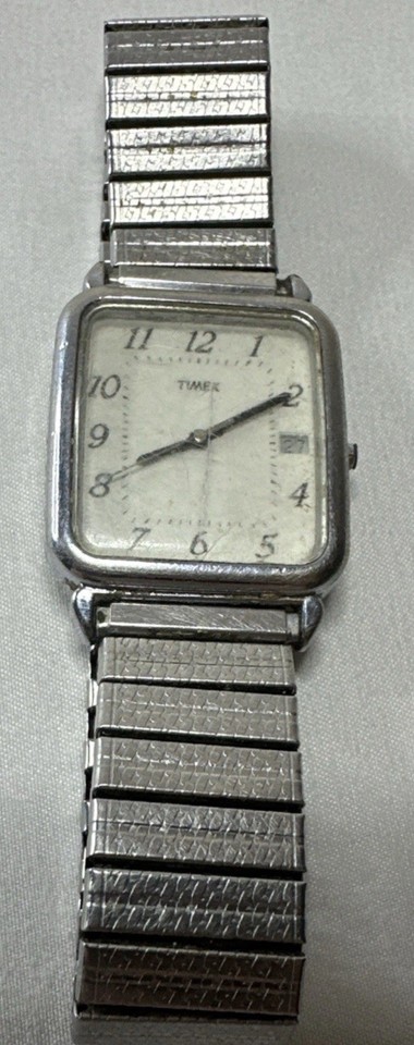 Vtg Timex Rectangular Men Watch Silver Tone 28mm Date Stretch Band New ...