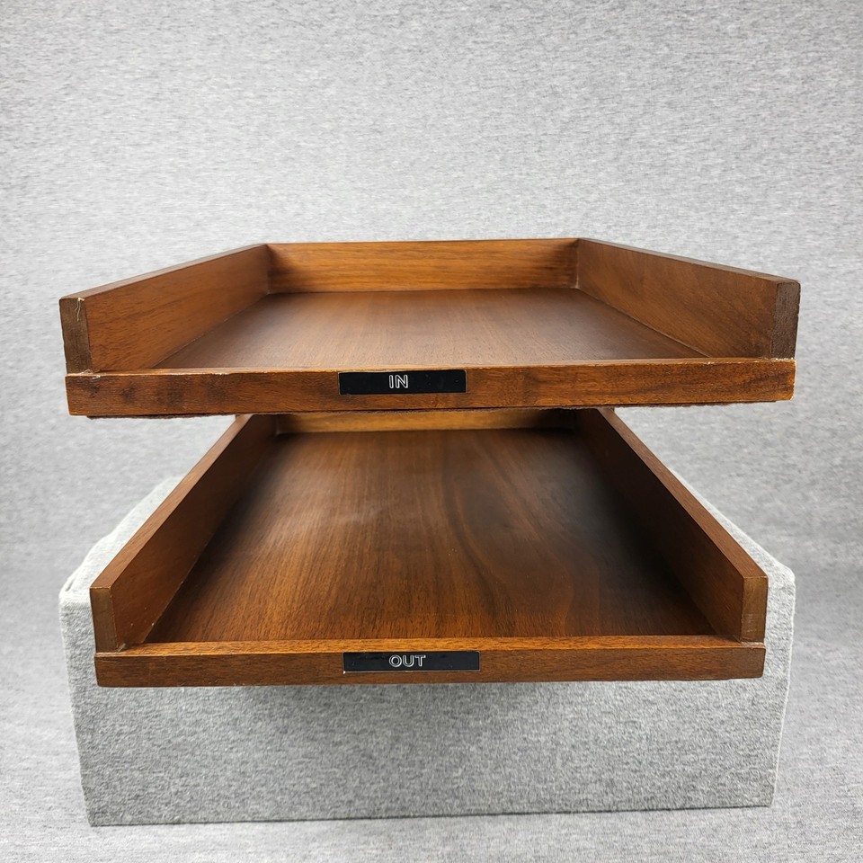 Mid-Century Wooden Letter Tray Desk Organizer – 2-Tier “In & Out” with ...