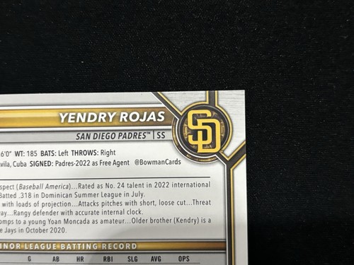 2022 Bowman Draft - Yendry Rojas #BD-2 Sky Blue /499 (RC) for sale ...