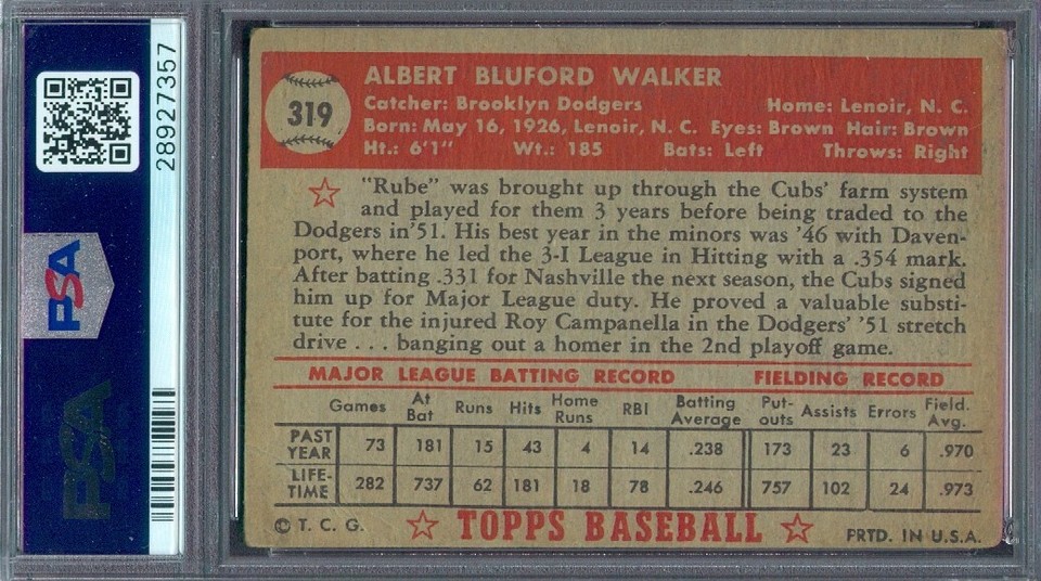 1952 TOPPS #319 RUBE WALKER (DODGER) PSA 2 !! | eBay