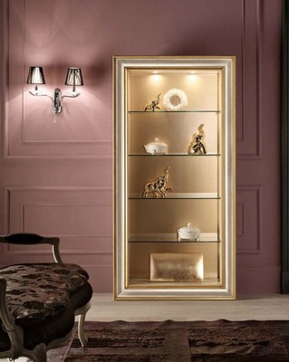 1 LIBRERIA C/CORNICE IN LEGNO LACCATA AVORIO/ORO CON LUCI xSOGGIORNO ...