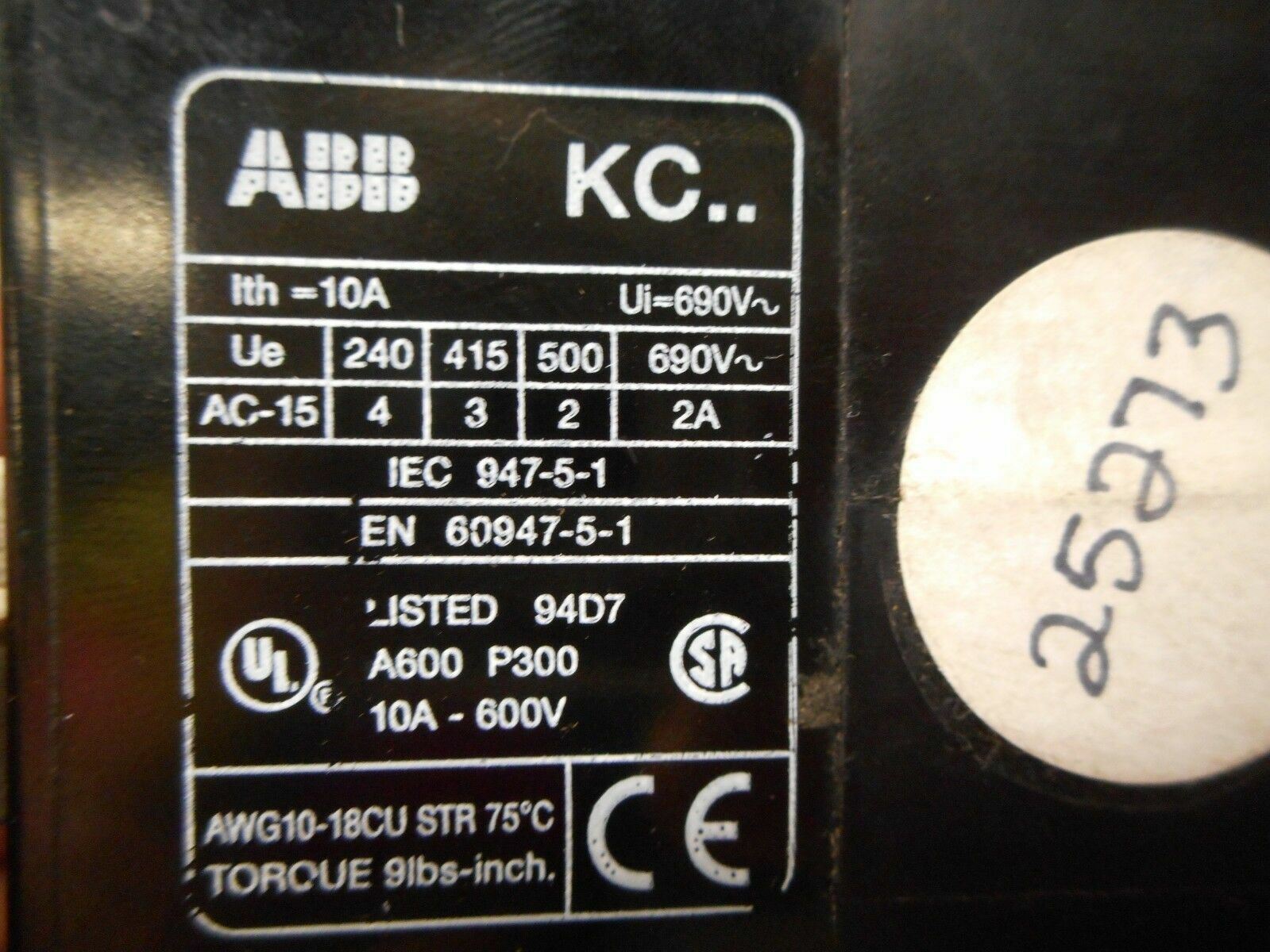 ABB KC40E Contactor 10A 600VAC 24VDC Coil & RV-BC6/60 Surge Suppressor ...
