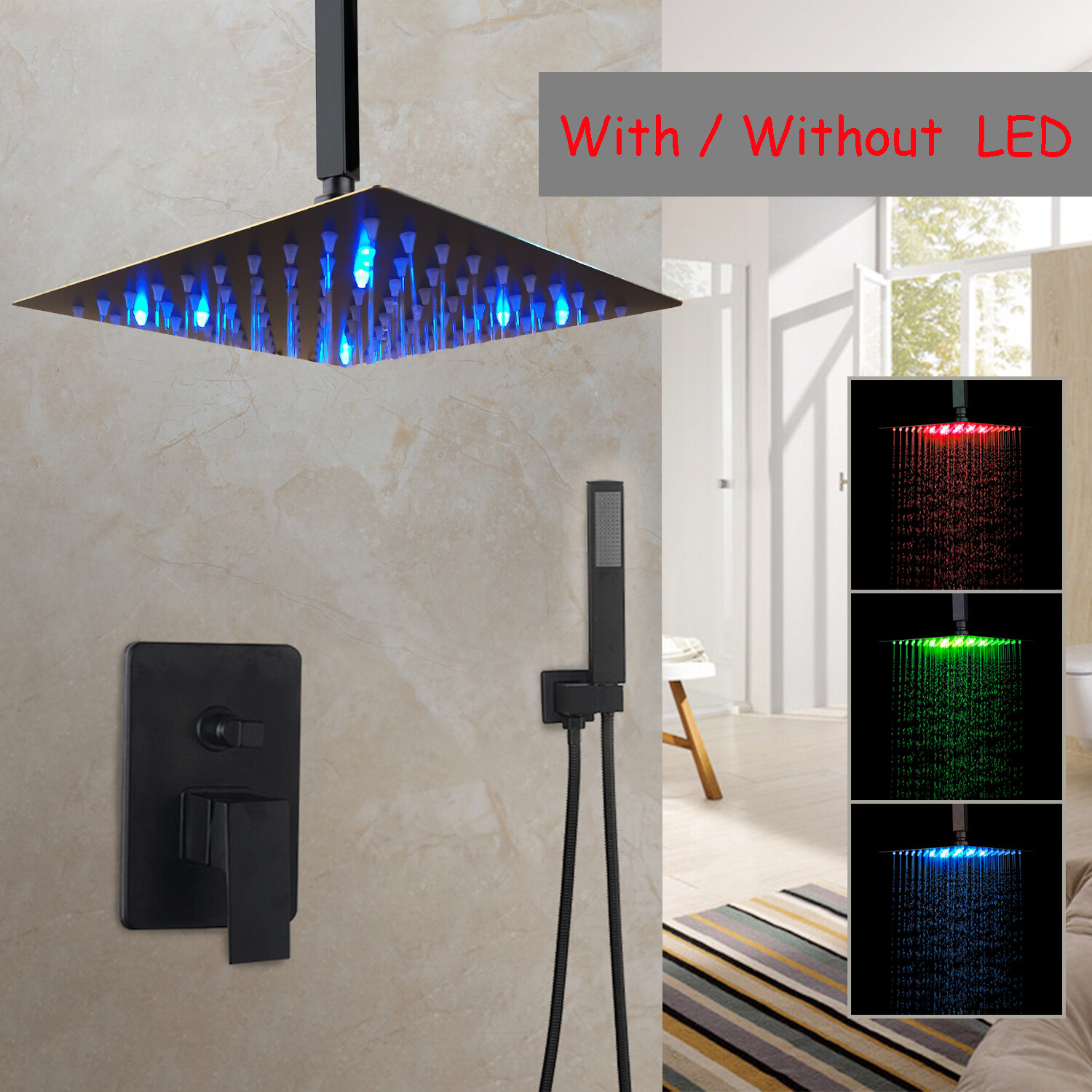 Matte Black LED Shower Faucet Set Rain Head Hand Held Spray Mixer Valve ...