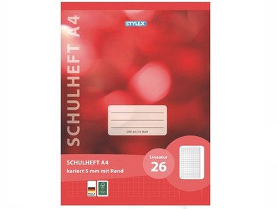 1 Schulheft Heft DIN A4 Lineatur 26 kariert 5x5mm mit Rand je 16 Blatt ...