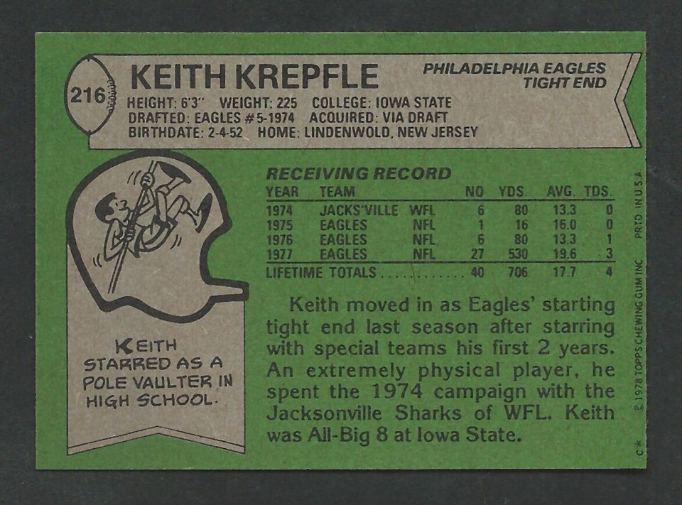 1978 Topps #216 KEITH KREPFLE Philadelphia Eagles ROOKIE CARD - 03 | eBay