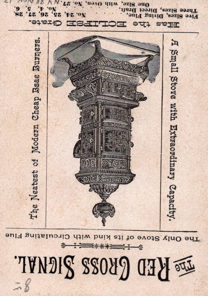 trade card, RED (CROSS SIGNAL)Stoves & ranges,"The Crusader's Return ...