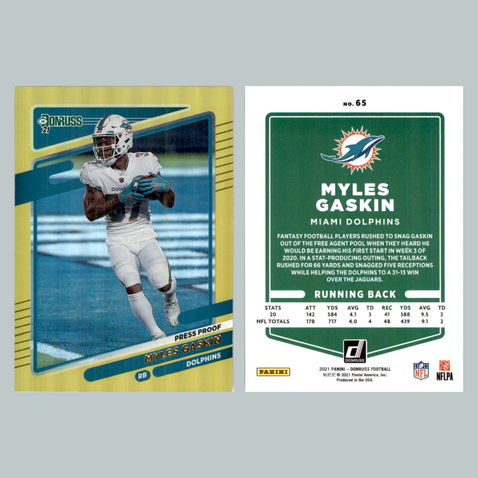 Myles Gaskin Lot 12 Football Cards 2021 Panini NFL Press Proof Gold ...