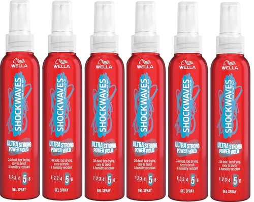 6 x Wella Shockwaves Styling Ultra Strong Rock & Hold 5 Gel Hair Spray ...