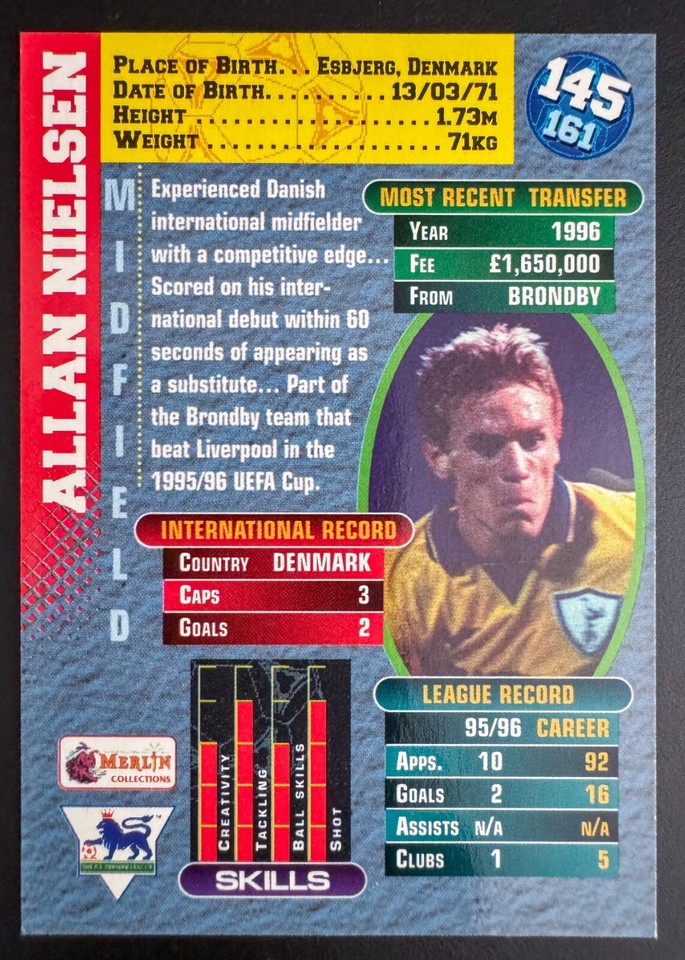 1996-97 Merlin's Premier Gold Soccer Card #145 Allan Nielsen Tottenham ...