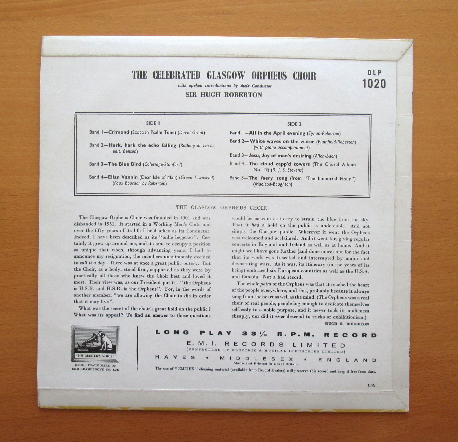 DLP 1020 The Glasgow Orpheus Choir Vol. 2 Sir Hugh Roberton HMV 10 ...