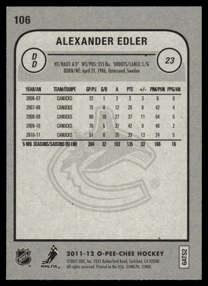 2011-12 O-Pee-Chee #106 Alexander Edler Vancouver Canucks Hockey Card ...