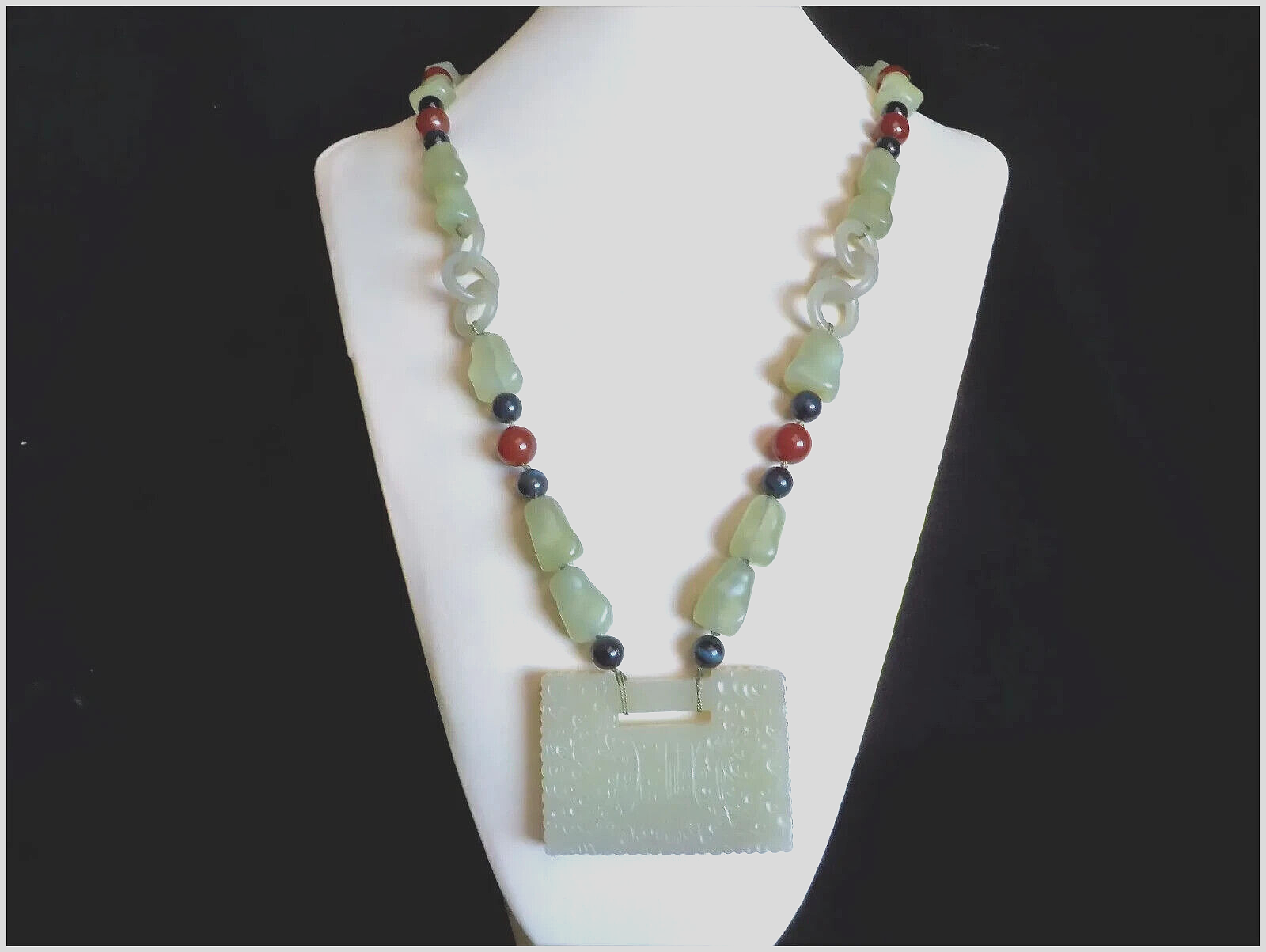 Chinese Jade Pendant, Devil's Work Jade, Carnelian, Blue Tiger's Eye ...