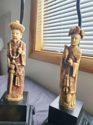 VTG PAIR CHINESE IVORY RESIN FIGURAL EMPEROR & EMPRESS TABLE LAMPS ...