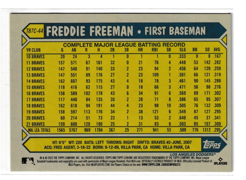 2022 Topps Update '87 Topps Silver Pack Chrome #T87C-44 Freddie Freeman ...