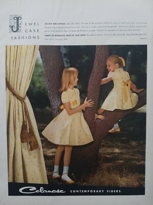 1956 little girls climb tree Jack Spiro yellow dress Celanese vintage ...