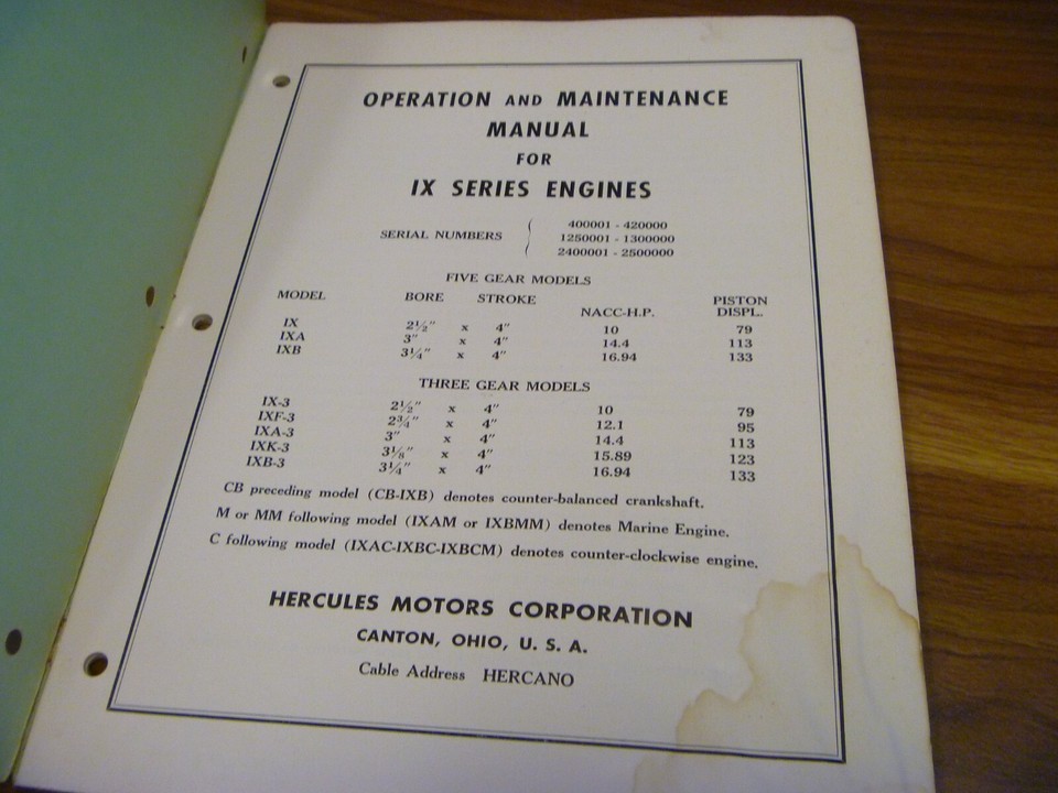 Hercules IX IXA IXB IX-3 IXF-3 Engine Owner Operator & Maintenance ...