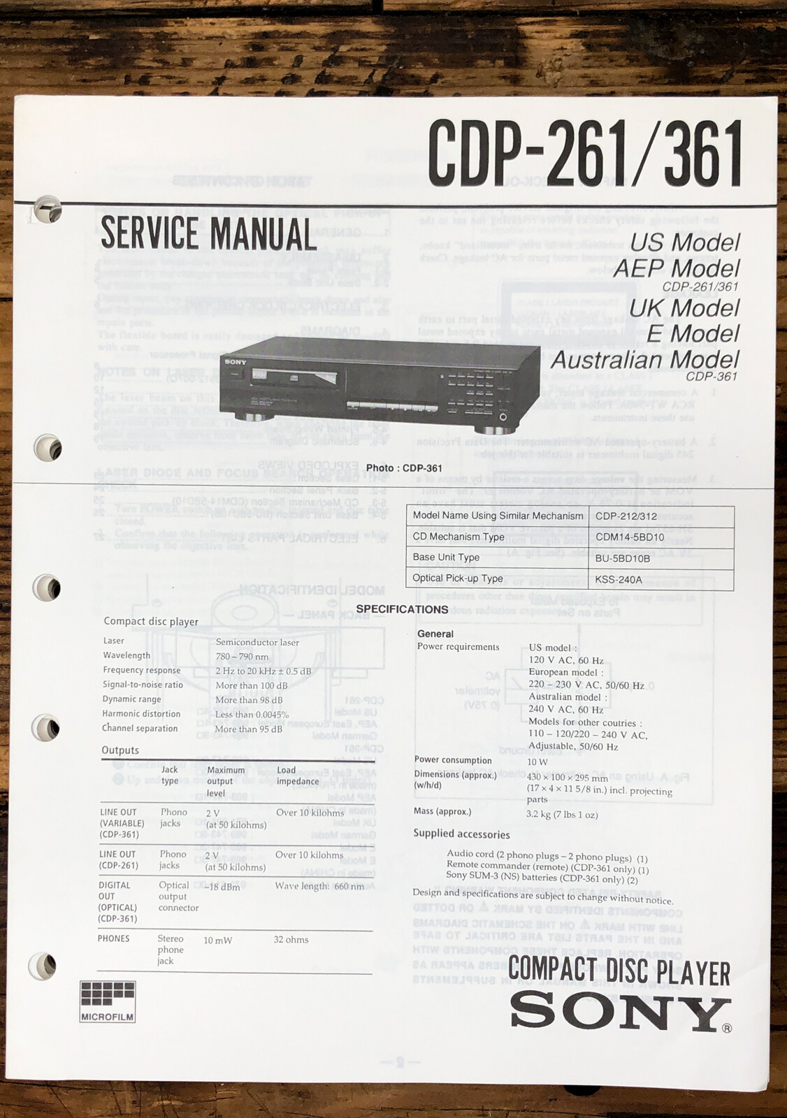 Sony CDP-261 CDP-361 CD Player Service Manual *Original* | eBay