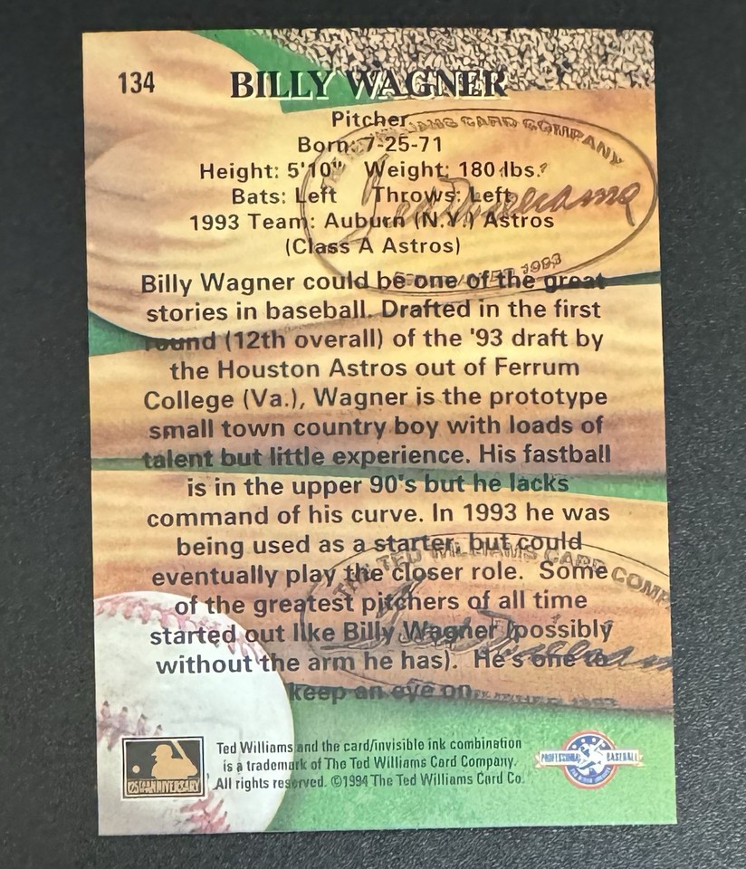 Billy Wagner 1994 Ted Williams Co. ROOKIE #134 - Houston Astros | eBay