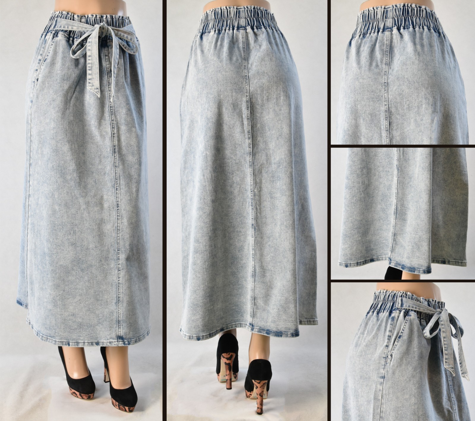 Women 37" long skirt stretch denim lace tied elastic waistband #JW0580 ...
