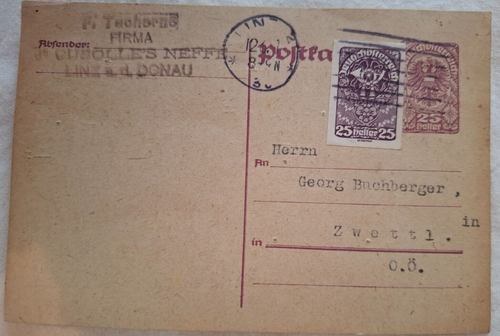 25 Heller Ganzsachen Geschäftspostkarte m. 25 Heller ZF Postamt Linz ...