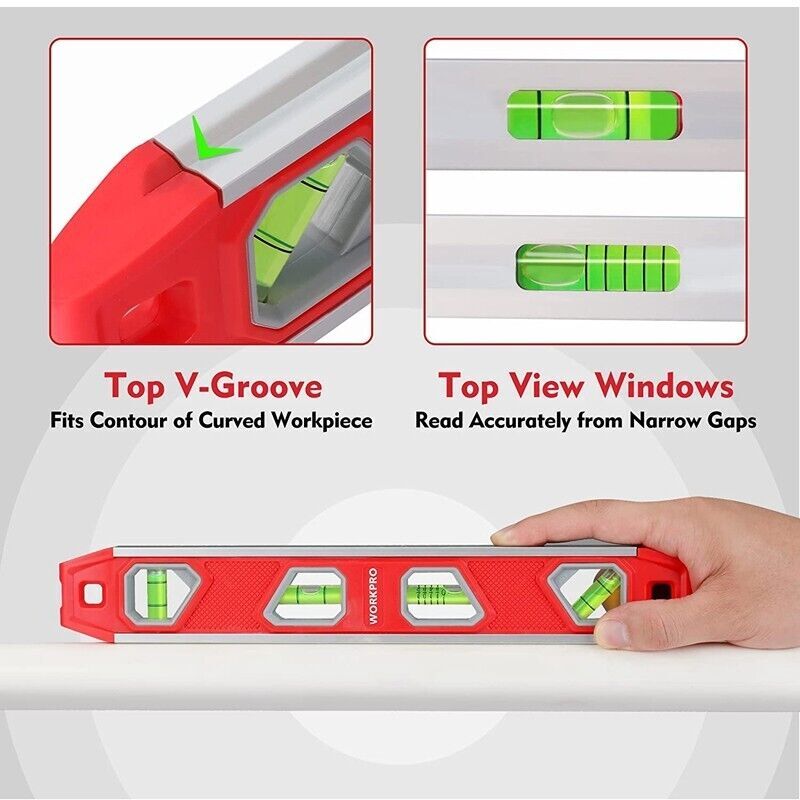 WORKPRO 12-Inch Torpedo Level 4 Bubble V-Groove Aluminum Magnetic ...