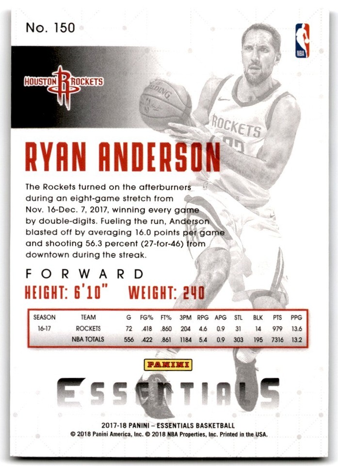 2017-18 Panini Essentials Ryan Anderson Houston Rockets #150 | eBay