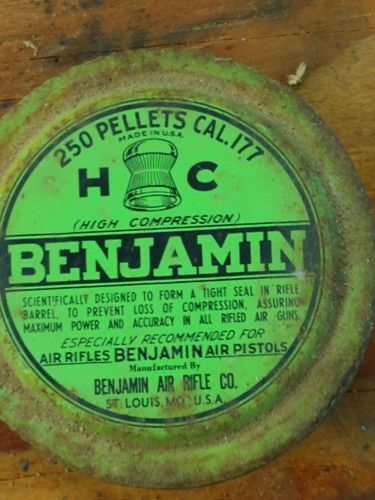 Vintage Benjamin H.C. .177 Cal. Pellets in 2 7/8" Round Tin near full ...