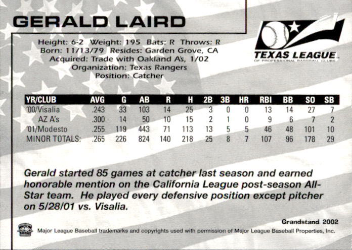 2002 Texas League Prospects Grandstand #10 Gerald Laird Garden Grove ...