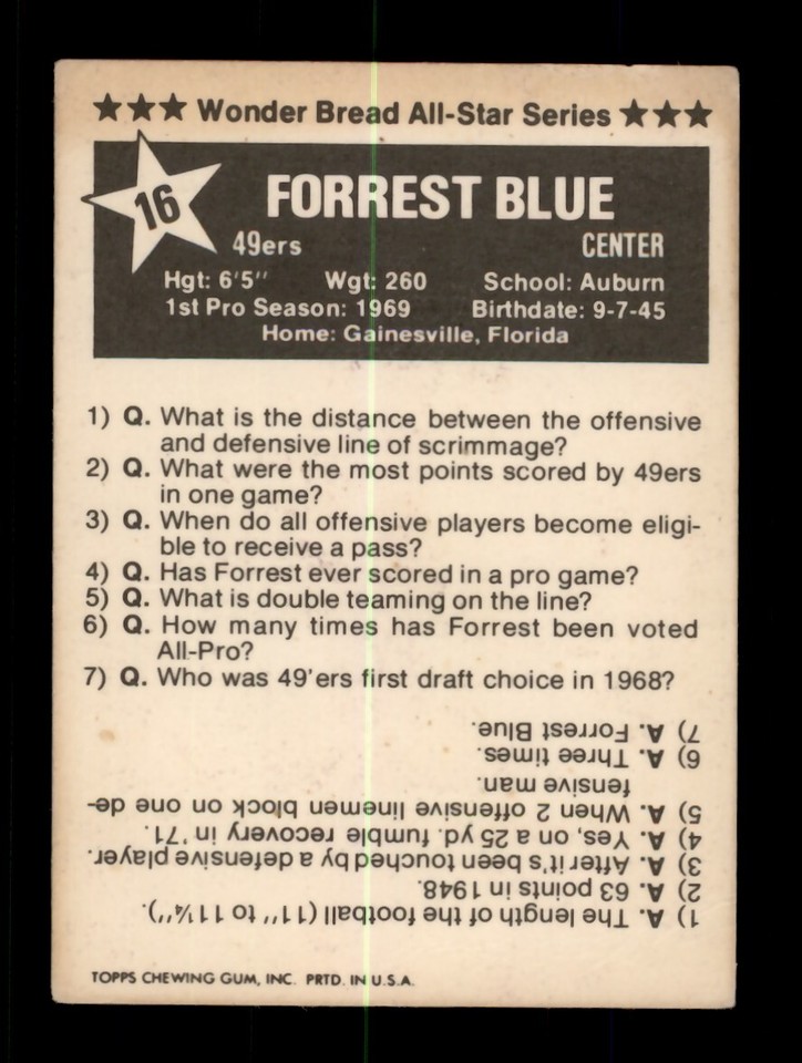 1975 TOPPS WONDER BREAD ALL-STAR #16 FORREST BLUE SAN FRANCISCO 49ERS ...