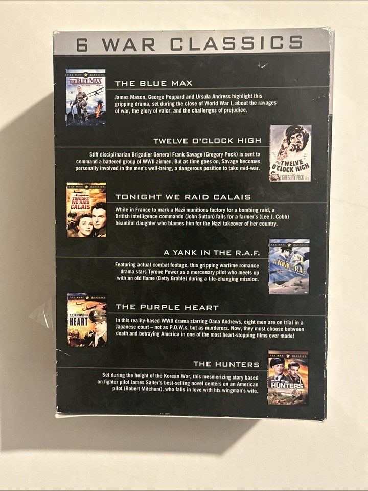 War Classics 6 DVDs The Blue Max Twelve O'Clock High Purple Heart FOX ...