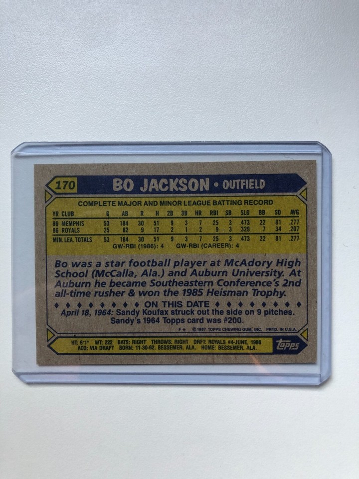 Bo Jackson Rookie Card Topps 1987 #170 Kansas City Royals ERROR | eBay