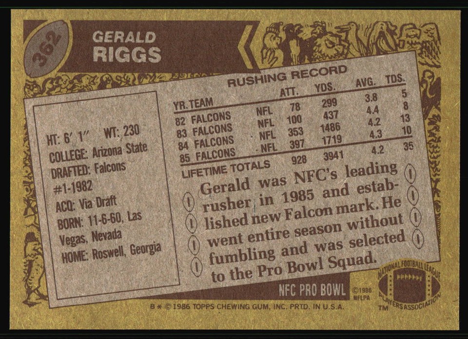 1986 Topps Gerald Riggs #362 Atlanta Falcons | eBay