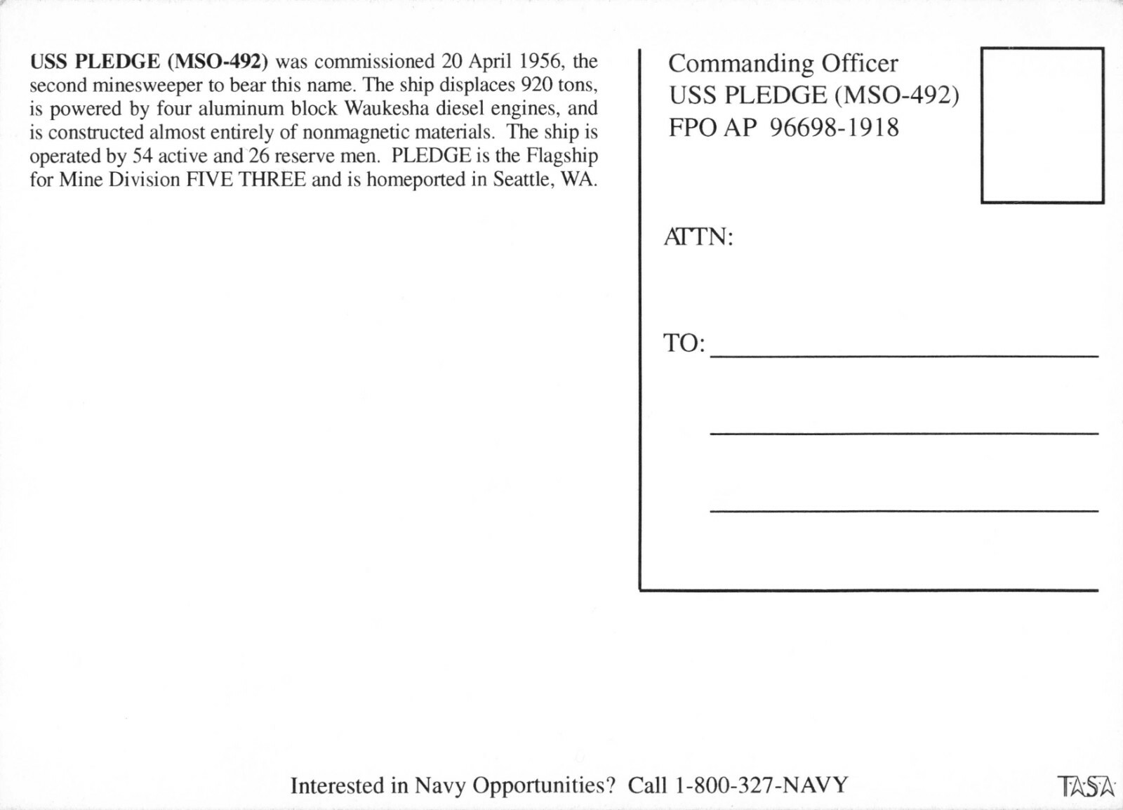 Postcard USS Pledge MSO-492 Minesweeper | eBay