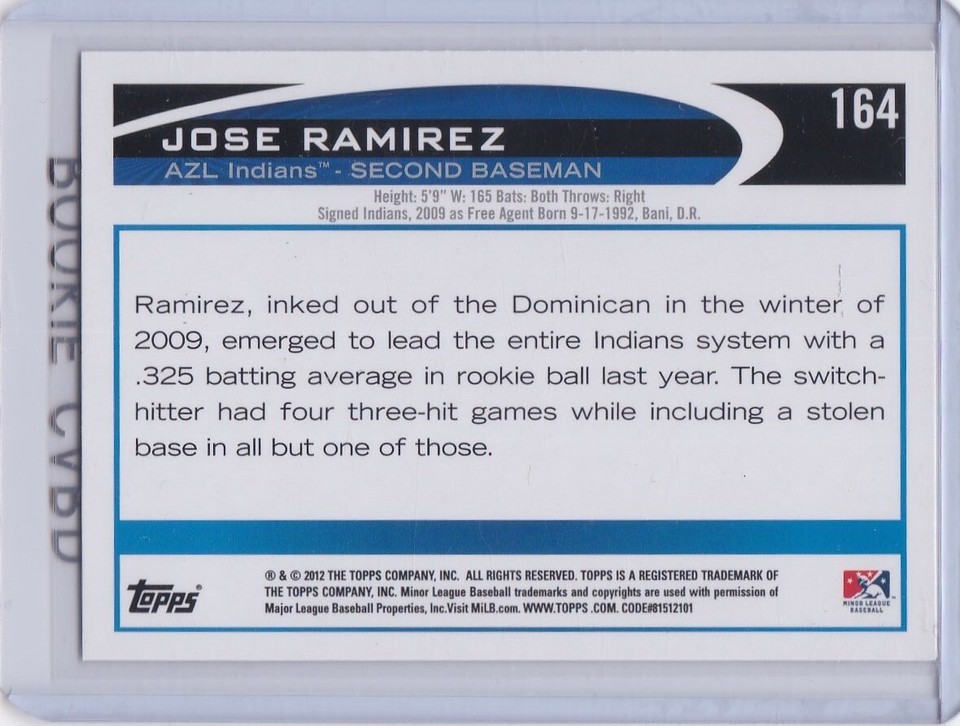 JOSE RAMIREZ ROOKIE CARD 2012 Topps Pro Debut Baseball RC AZL Indians ...