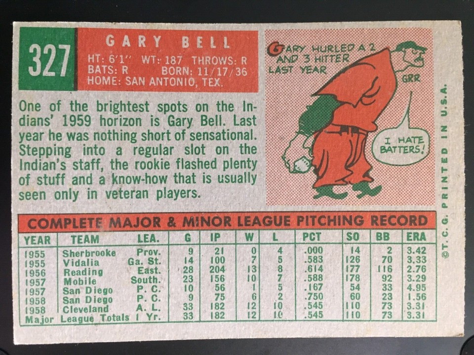 1959 Topps #327 GARY BELL Cleveland Indians MLB Baseball Card EX+ | eBay