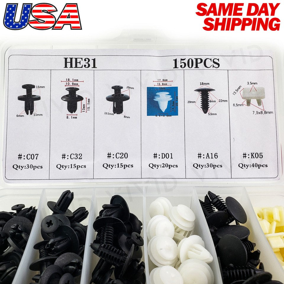 150pc Set Plastic Rivets Fender Bumper Push Pin Clips + Tool for ...