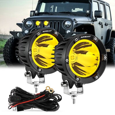 AUXBEAM 4" Round LED Driving Lights 100W Amber Fog Lamp Pods For Jeep ...