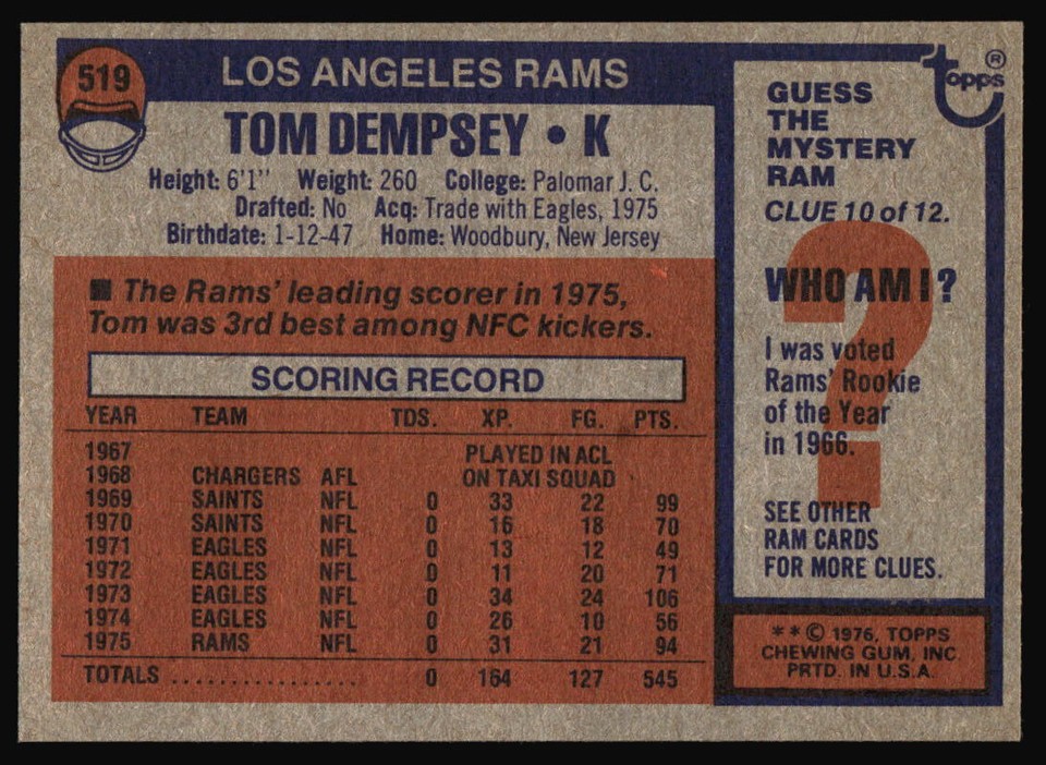 1976 Topps Tom Dempsey #519 Los Angeles Rams | eBay
