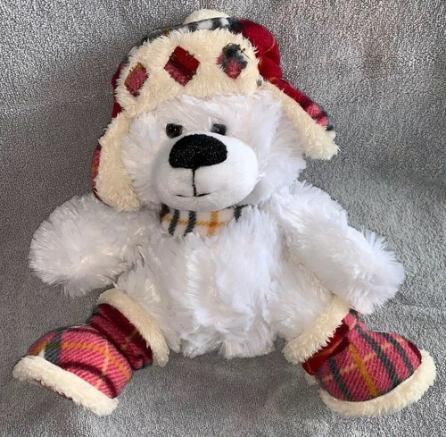 American Greetings FLETCHER 15" White Plush Winter Bear NWT Plaid Hat ...