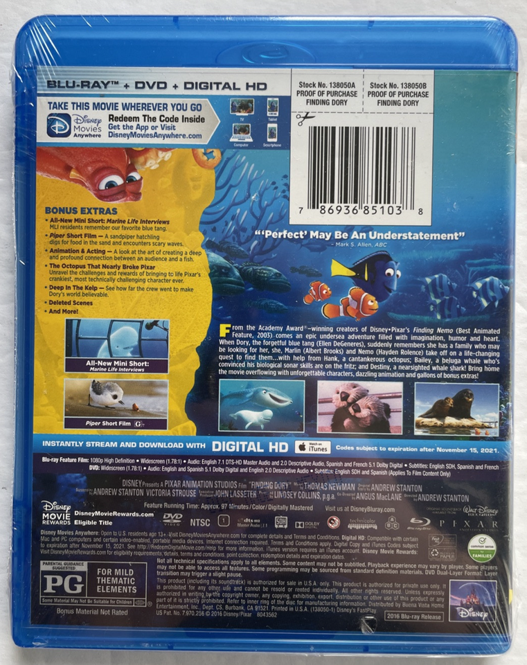Finding Dory (Blu-ray, 2016 DVD & Digital) Disney Pixar NEW & FACTORY ...