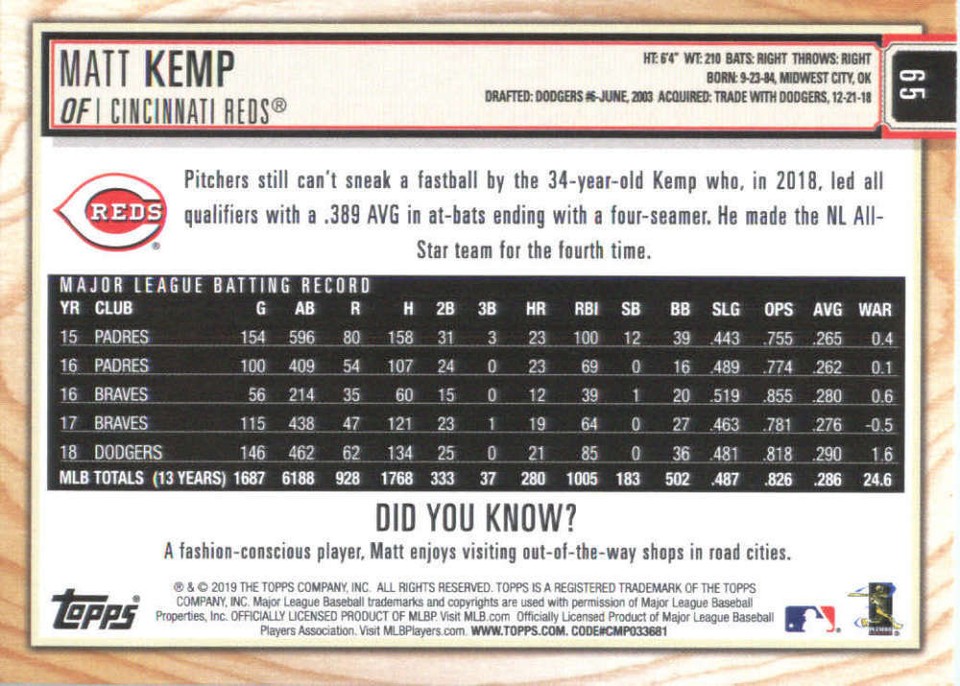 2019 Topps Big League Gold #65 Matt Kemp Reds NM-MT | eBay