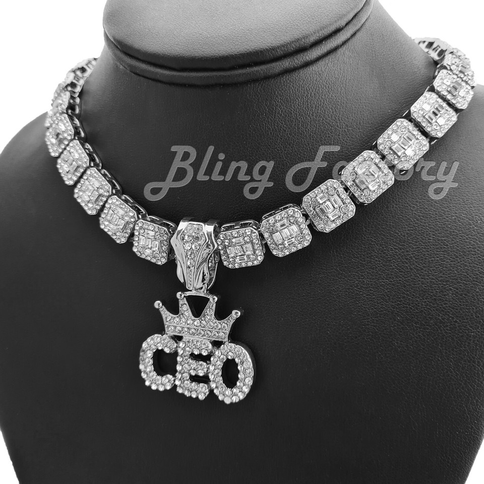 Silver Crowned CEO Pendant 12mm 16" 18" Full Iced Baguette Choker Chain ...