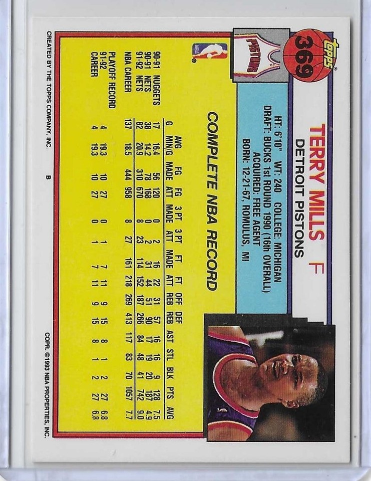 1992-93 Topps Basketball Terry Mills Card #369 Detroit Pistons | eBay