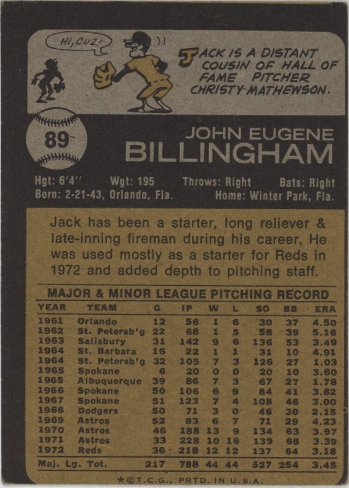 1973 Topps #89 Jack Billingham - Cincinnati Reds | eBay